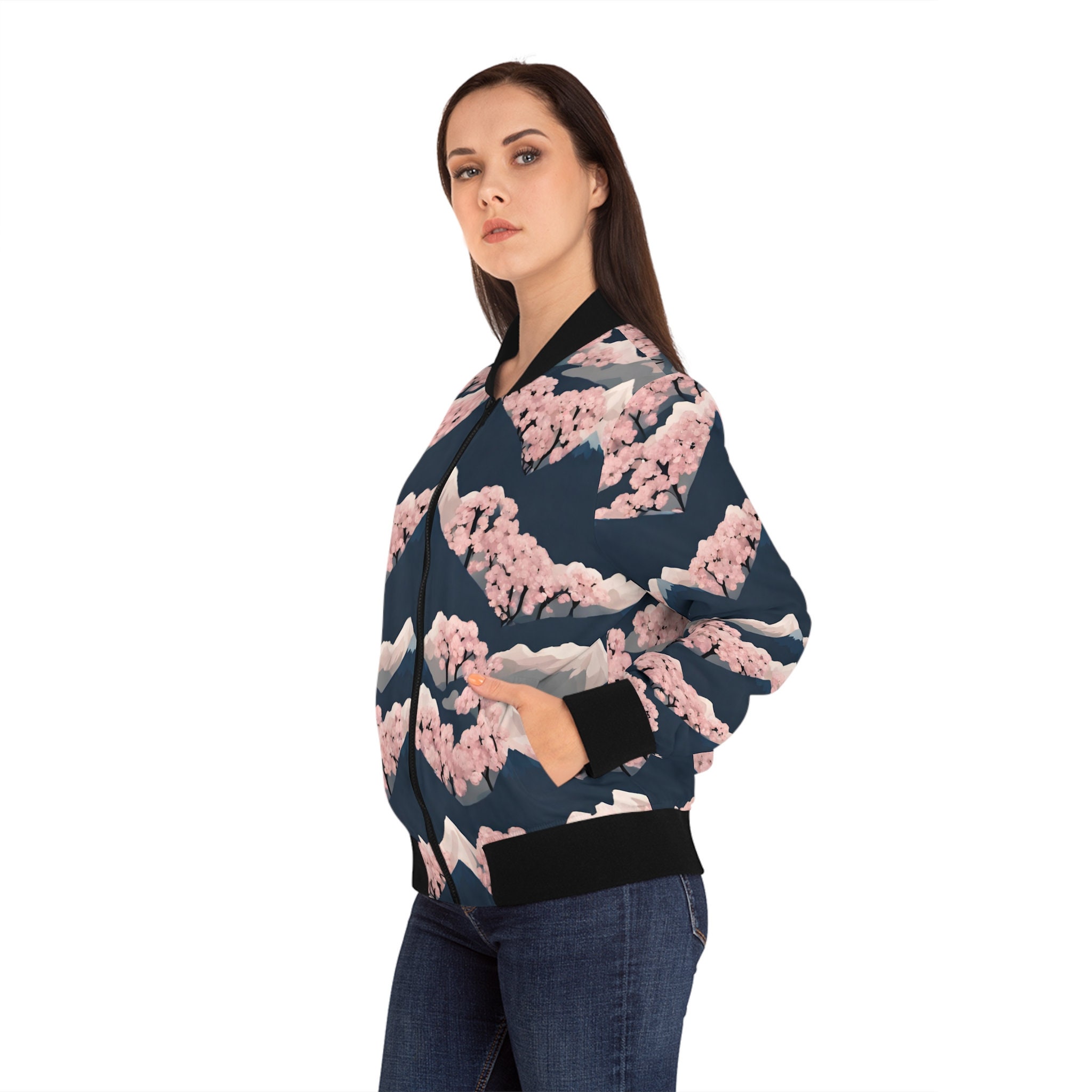 Feminine Floral Bomber Jacket, Stylish Flower Print Coat, Zip-up Spring ...