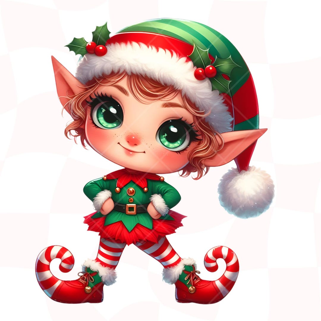 Muñeca elfa, niña elfa, chicas chibi navideñas, elfos navideños, elfo navideño, elfo digital ...