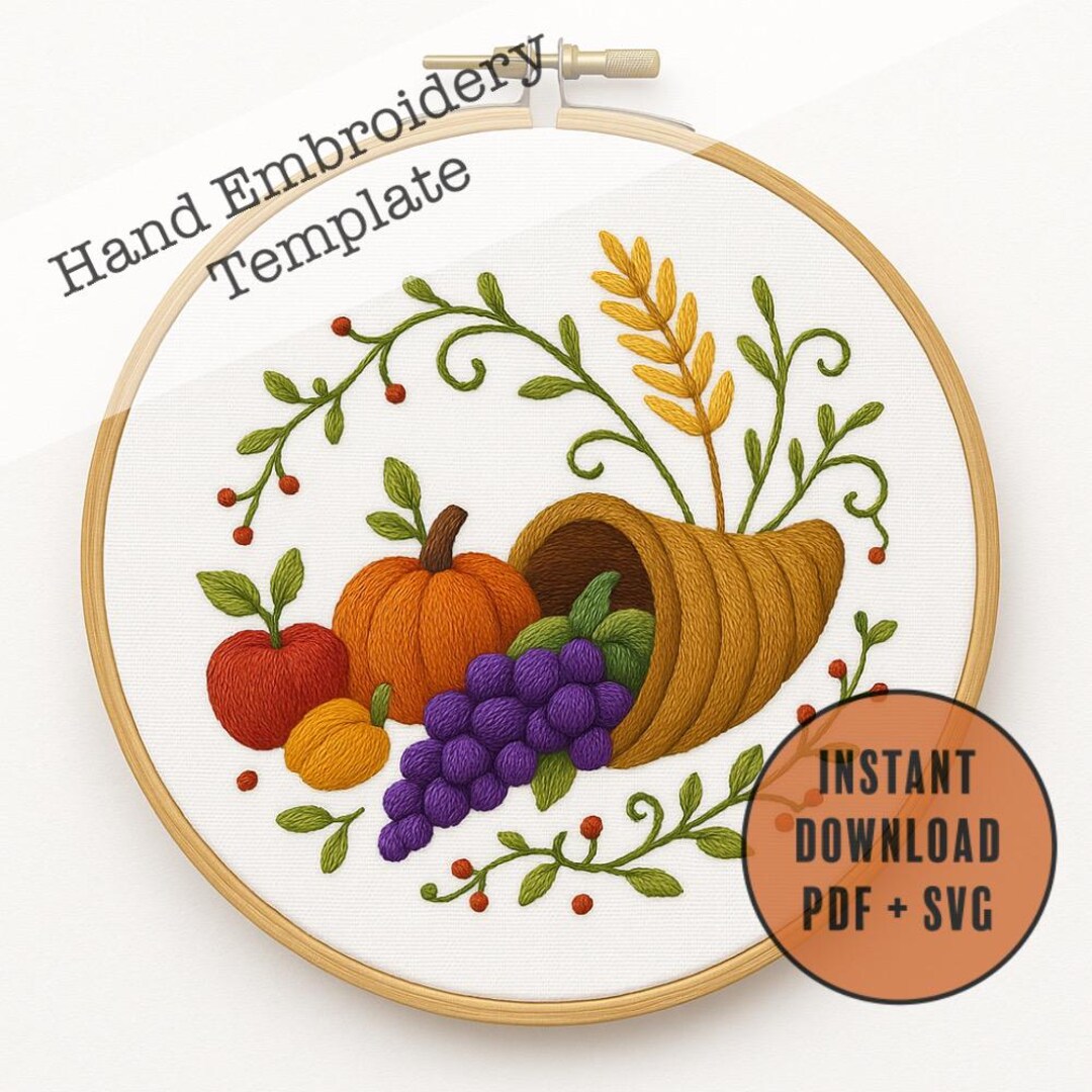 Cornucopia Hand Embroidery Pattern PDF SVG | Harvest Horn of Plenty ...