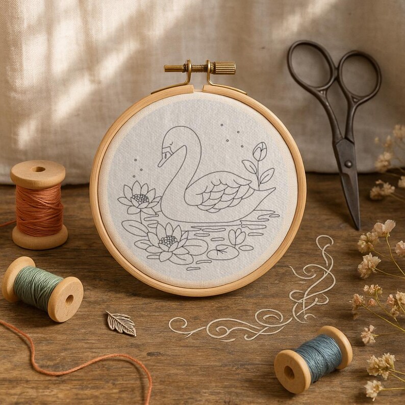 Swan & Water Lilies Embroidery Pattern | Stick and Stitch Transfers - Etsy
