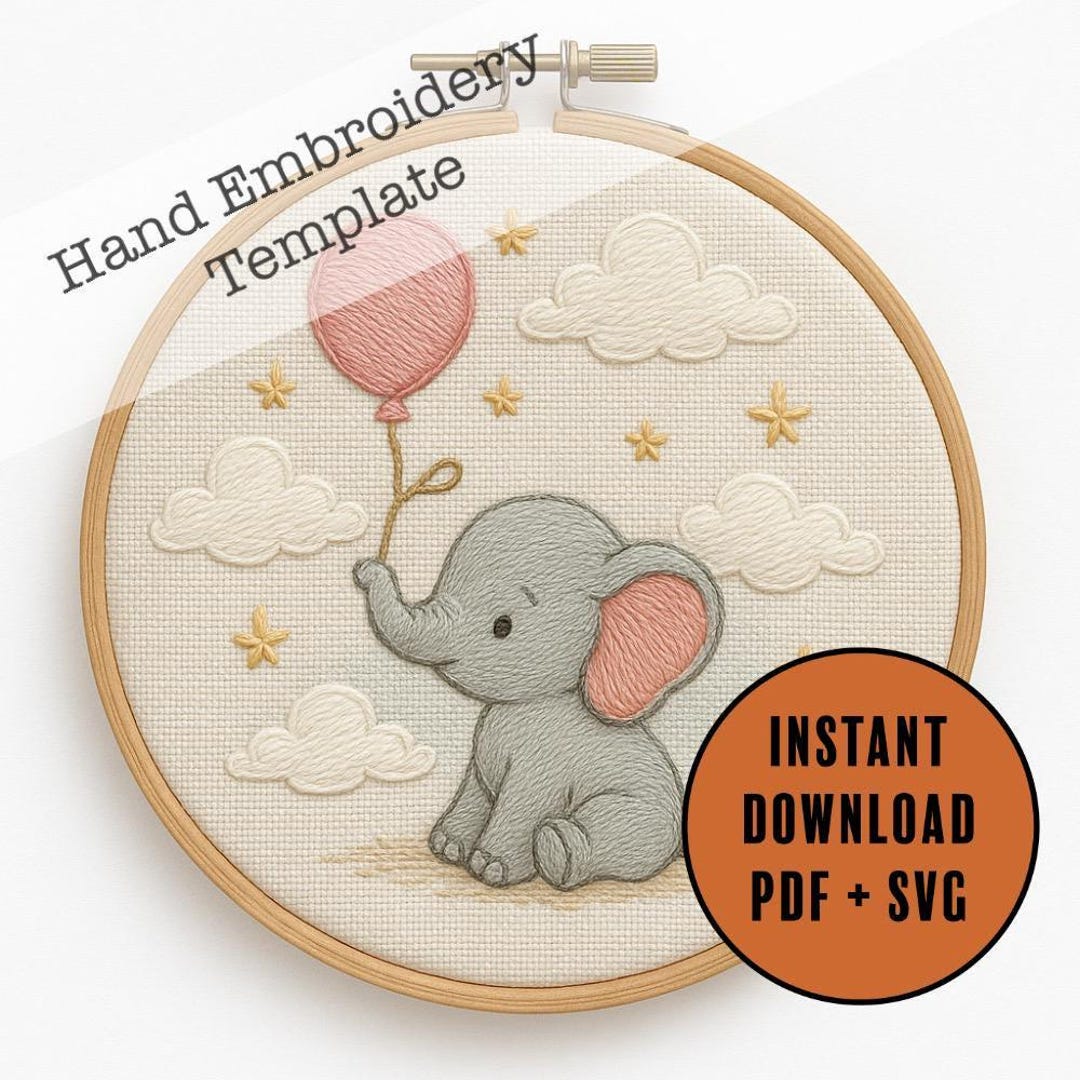 Baby Elephant Hand Embroidery Pattern: Nursery Animal Design (PDF + SVG ...