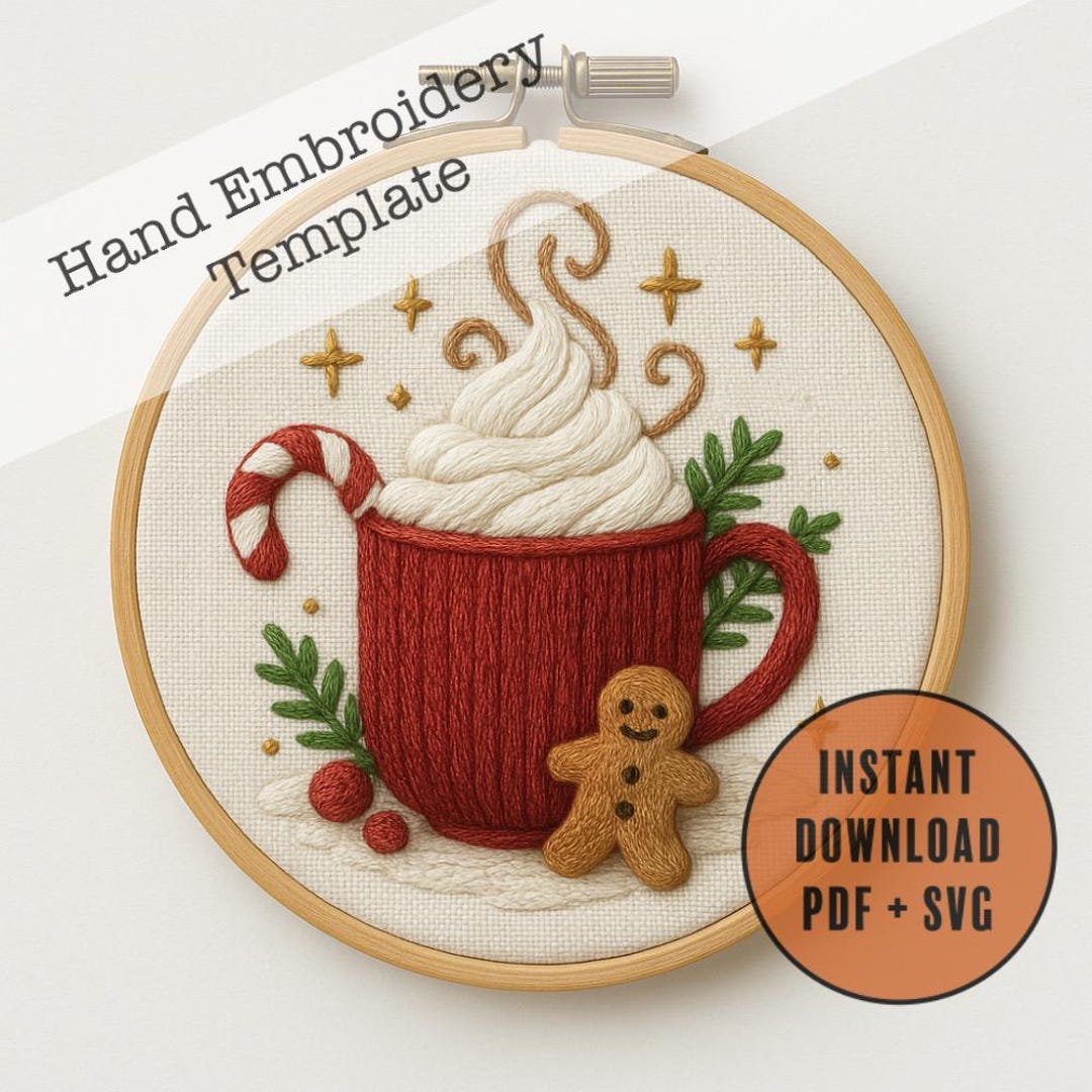 Hot Cocoa Hand Embroidery Pattern PDF SVG | Christmas Mug Candy Cane ...