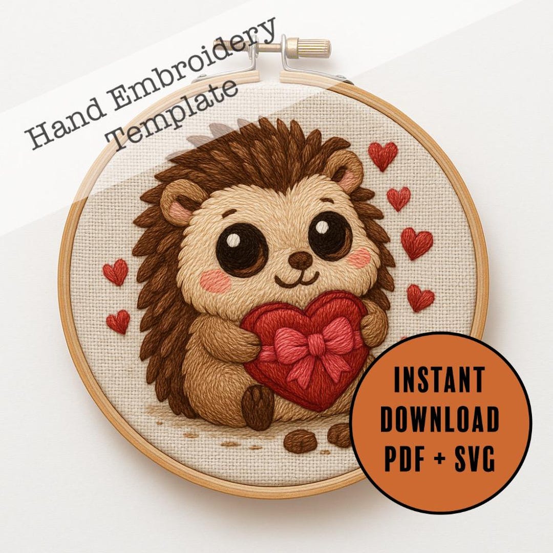Hedgehog Hand Embroidery Pattern PDF SVG | Valentine Cute Hedgehog With ...