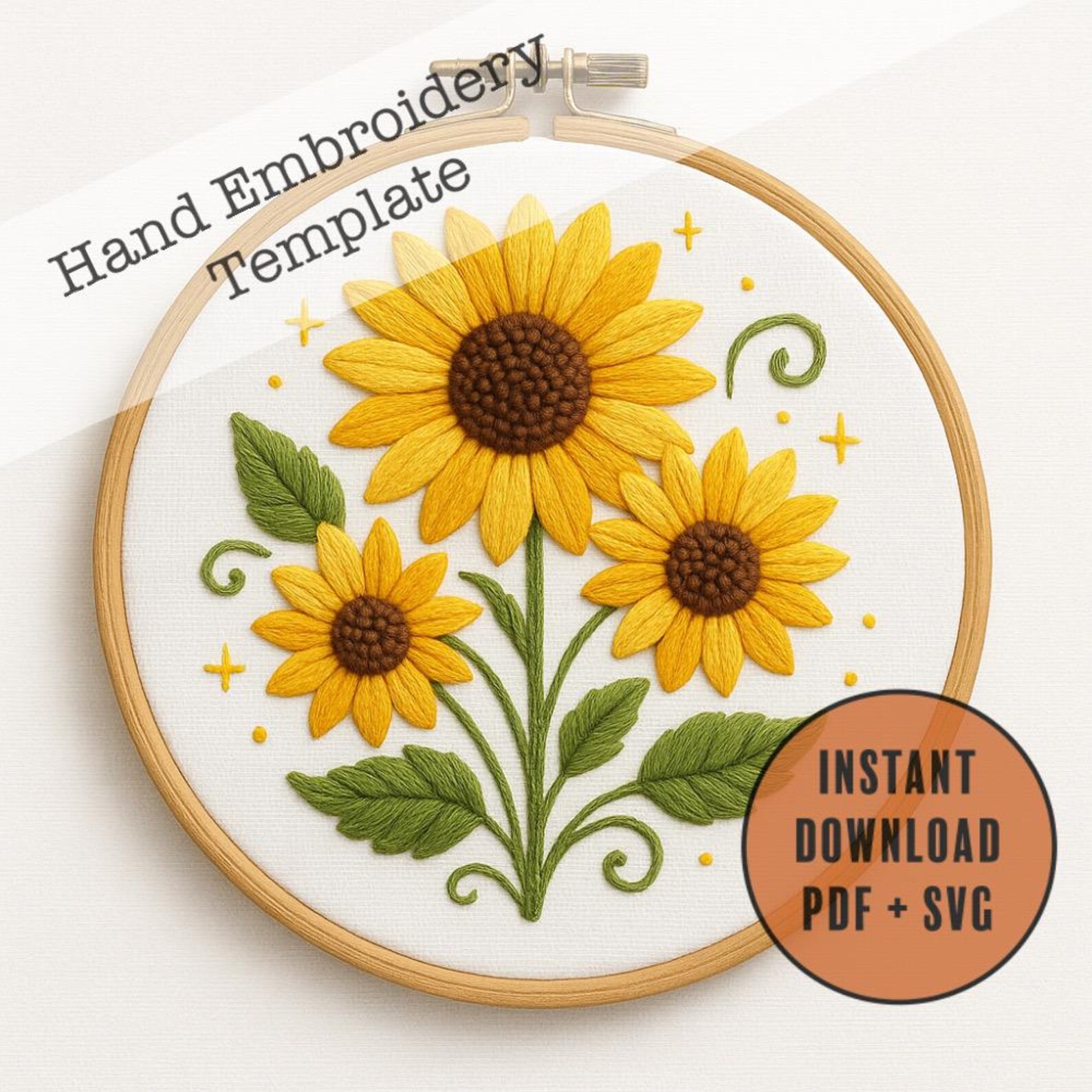 Sunflower Embroidery Pattern: Trio of Sunflowers With Leaves & Swirls ...