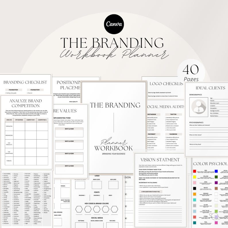 Branding Planner & Workbook Canva Template | Brand Strategy | Business ...