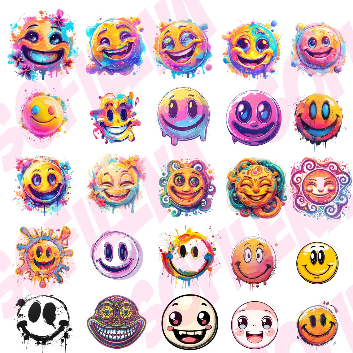 25 Smiley Faces PNG for Print, Smiley Art, Smiley Clipart, Printable ...
