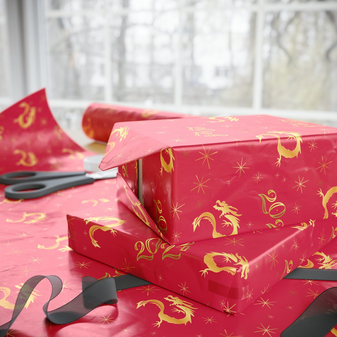 Lunar New Year 2024 Gift Wrapping Paper With Golden Dragon, Wrapping ...