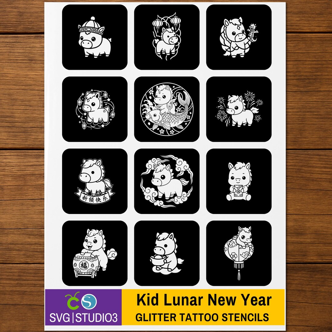 Chinese New Year Horse SVG, Cute Lunar New Year Glitter Tattoo Stencil ...