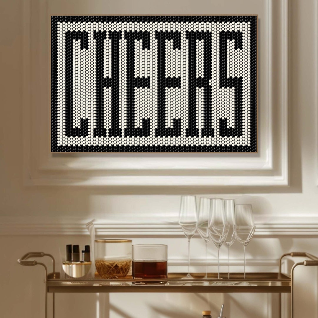 Cheers Print Black White Hexagon Tile Typographic Home Bar Cart ...