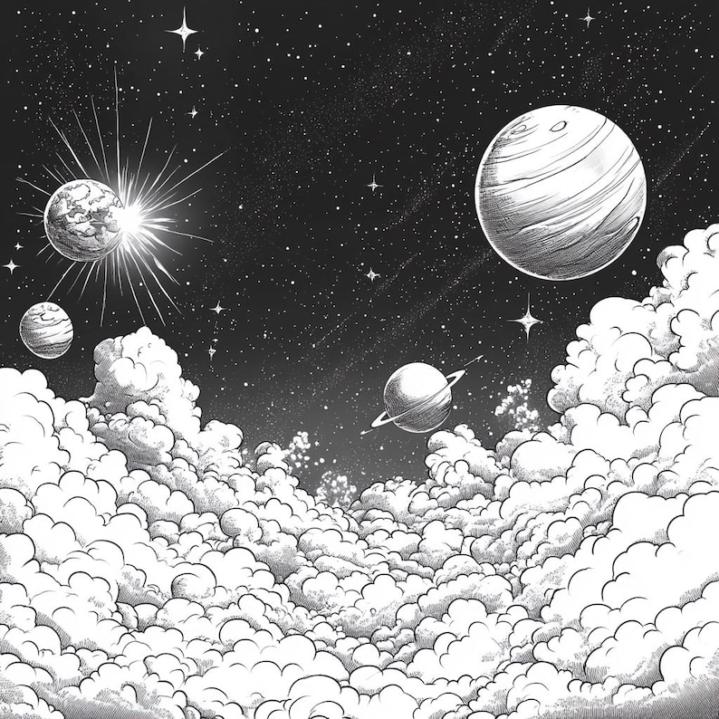 Cosmic Coloring Pages for Adults Space-themed Art Printables in PNG ...