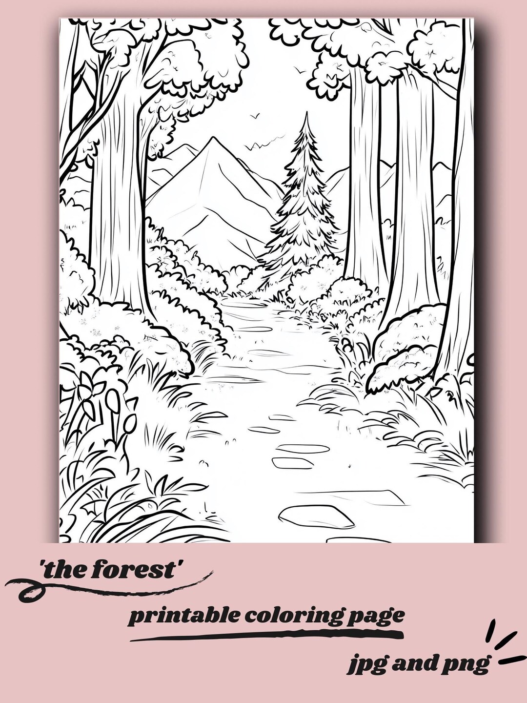 Forest Coloring Page Woodland Landscape Illustration Printable JPG ...