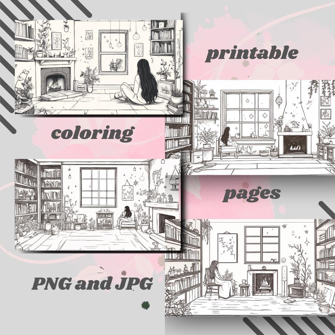 Cozy Corners Printable Coloring Pages Set Relaxing Interior ...