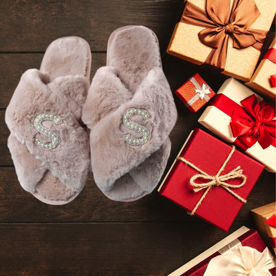 Cozzy Warm Fluffy Slippers With Pearl Letters Customized Gift for Her ...