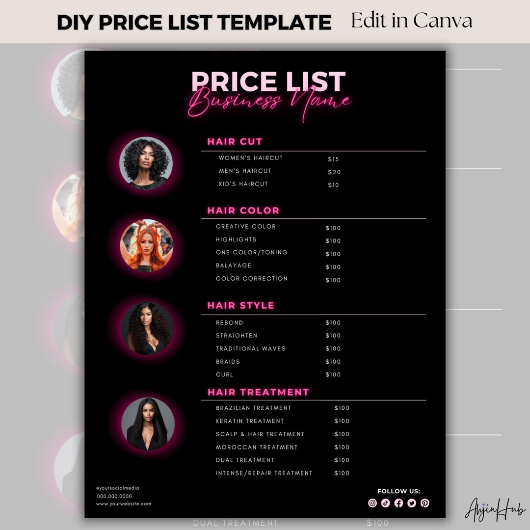 DIY Price List Template, Hair Pricing Template, Editable Hairstylist ...