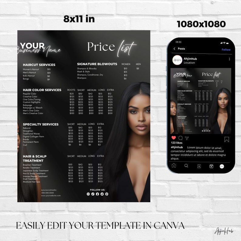 Hair Pricing Template, Editable Hairstylist Price List Template, Hair ...