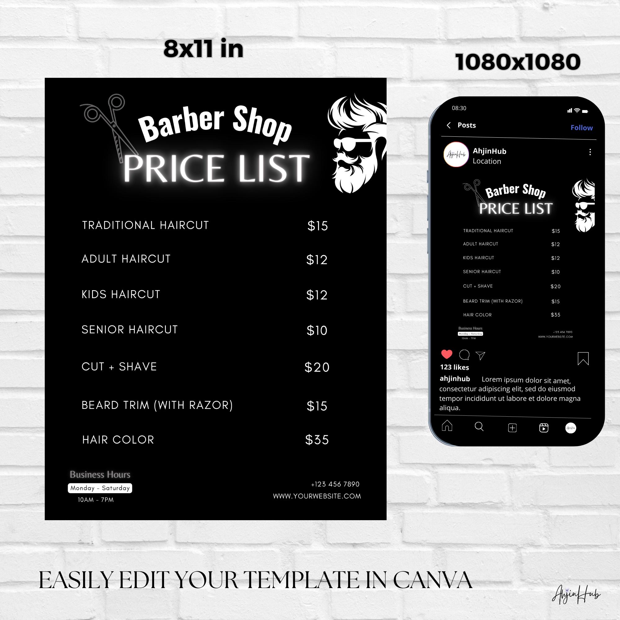 DIY Barber Shop Price List Template, Barber Shop Pricing Template, Editable Barber Pricing Guide ...