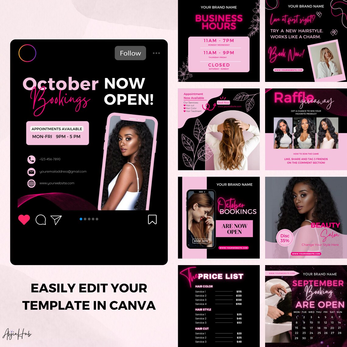 Hair Stylist Instagram Post Template, Black and Pink Hair Salon Post ...