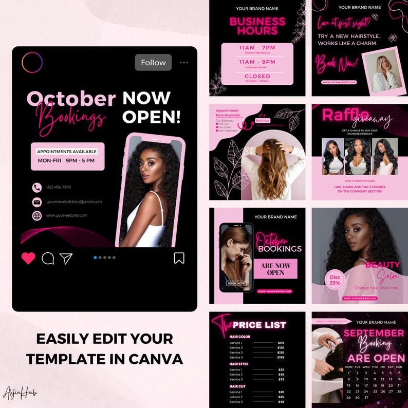 Hair Stylist Instagram Post Template, Black and Pink Hair Salon Post ...