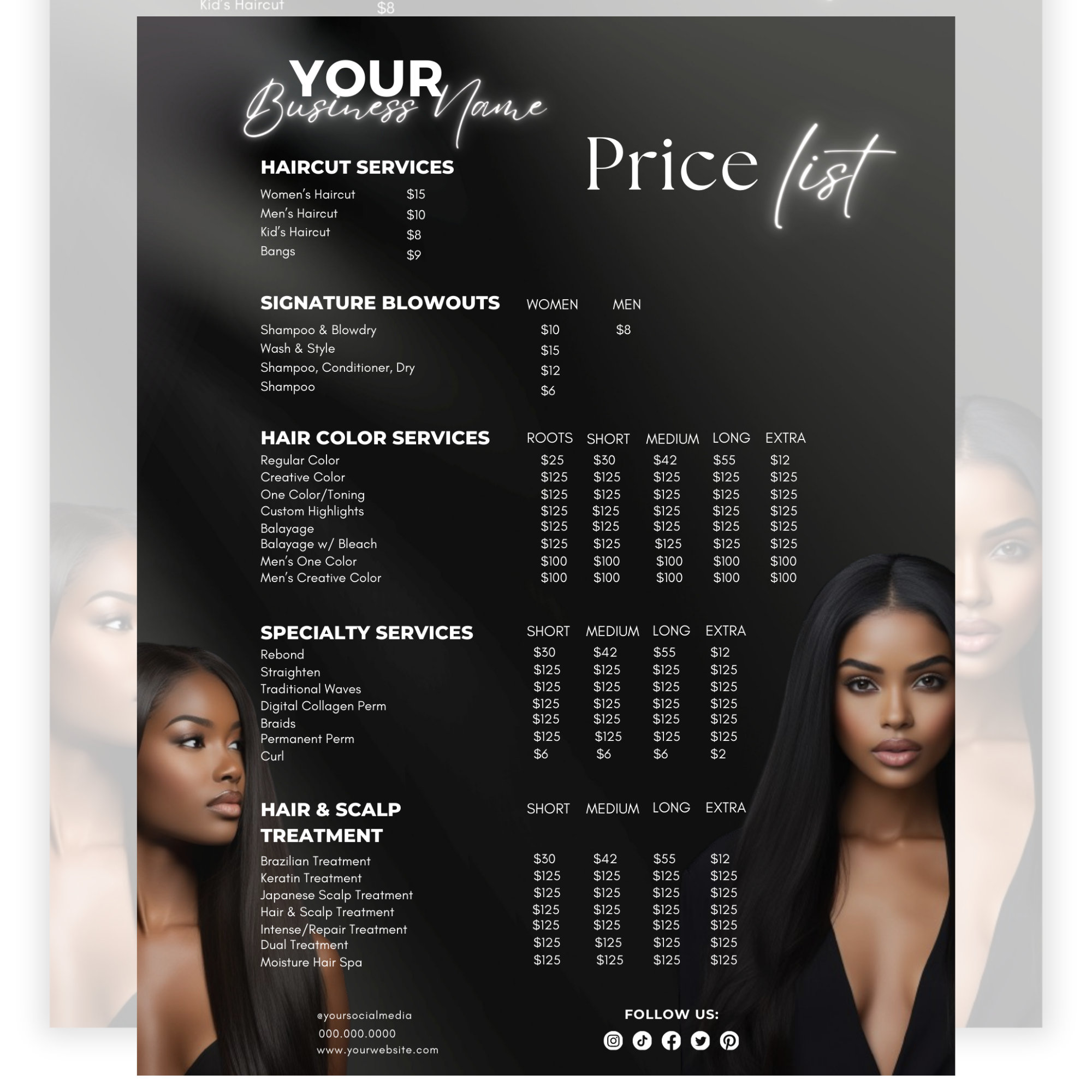 Hair Pricing Template, Editable Hairstylist Price List Template, Hair ...