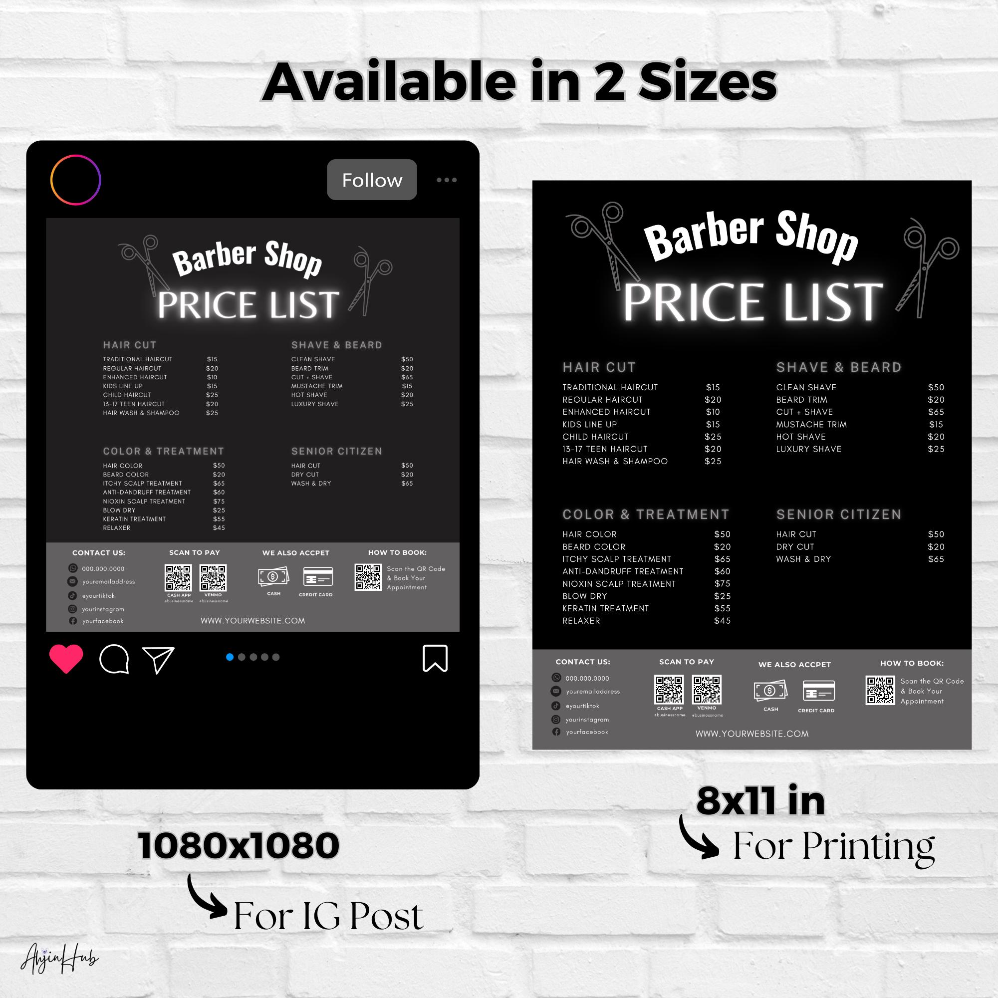 Barber Shop Price List Template, DIY Barber Shop Pricing Template ...