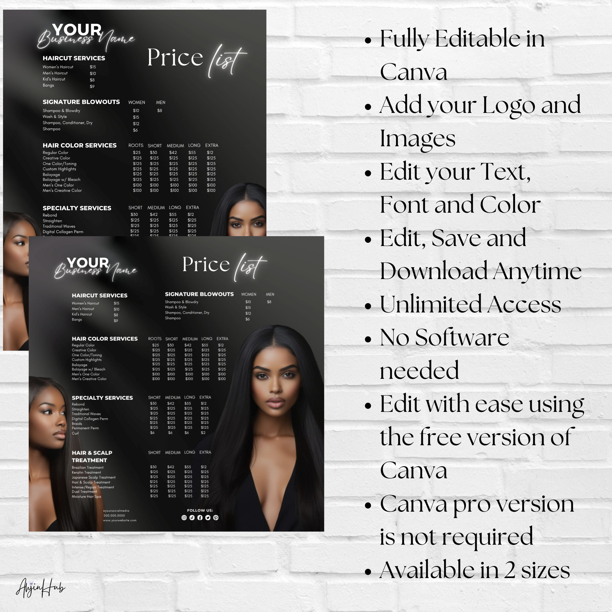 Hair Pricing Template, Editable Hairstylist Price List Template, Hair ...