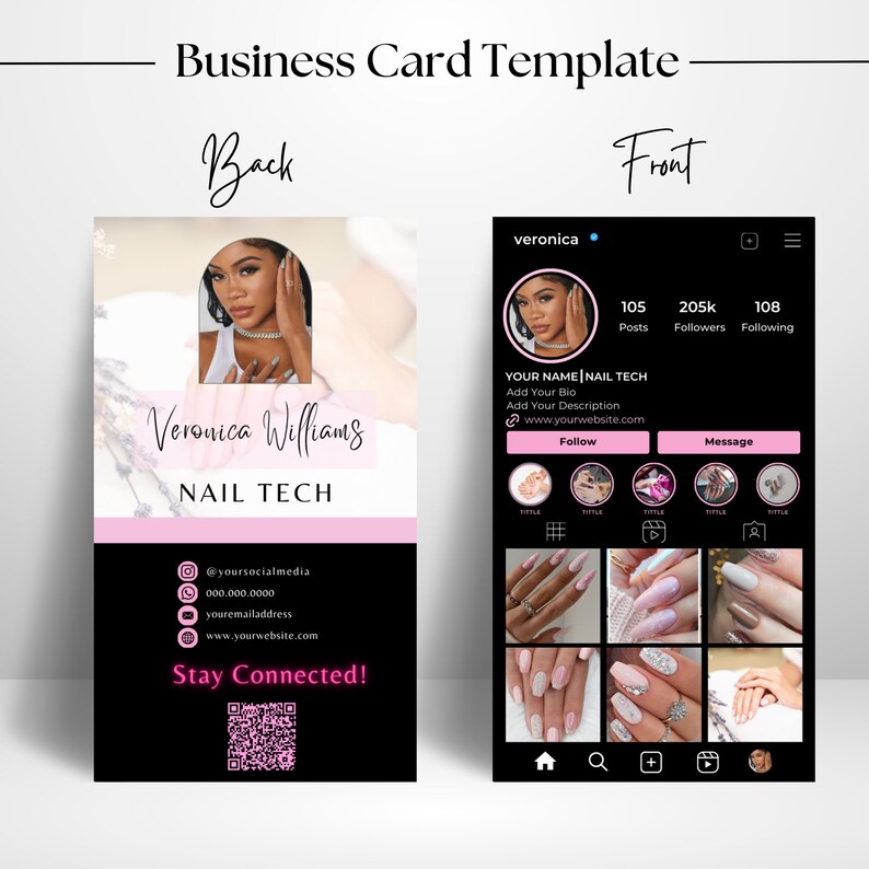 Nail Tech Business Card Template, Editable Nails Card, Black and Pink ...