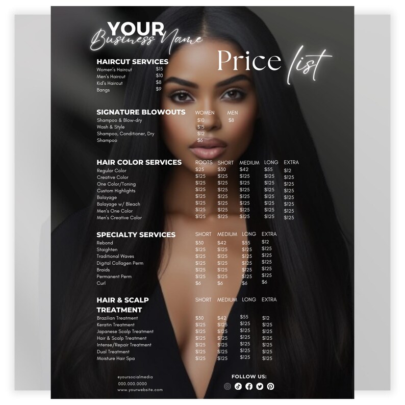 Hair Pricing Template, Editable Hair Stylist Price List Template ...