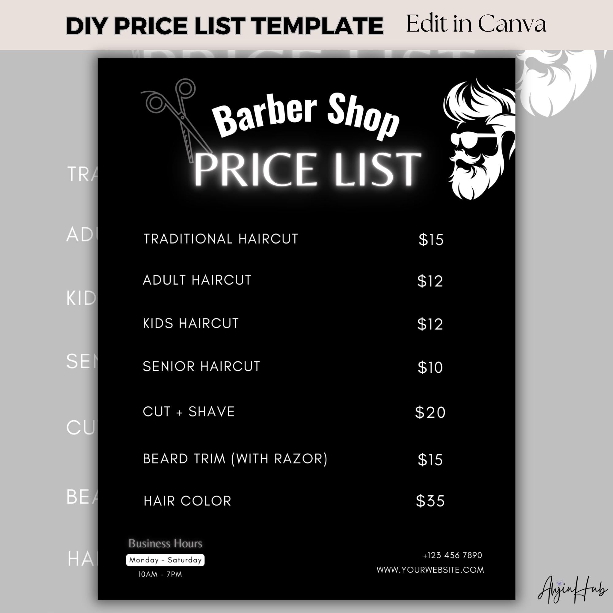 DIY Barber Shop Price List Template, Barber Shop Pricing Template, Editable Barber Pricing Guide ...