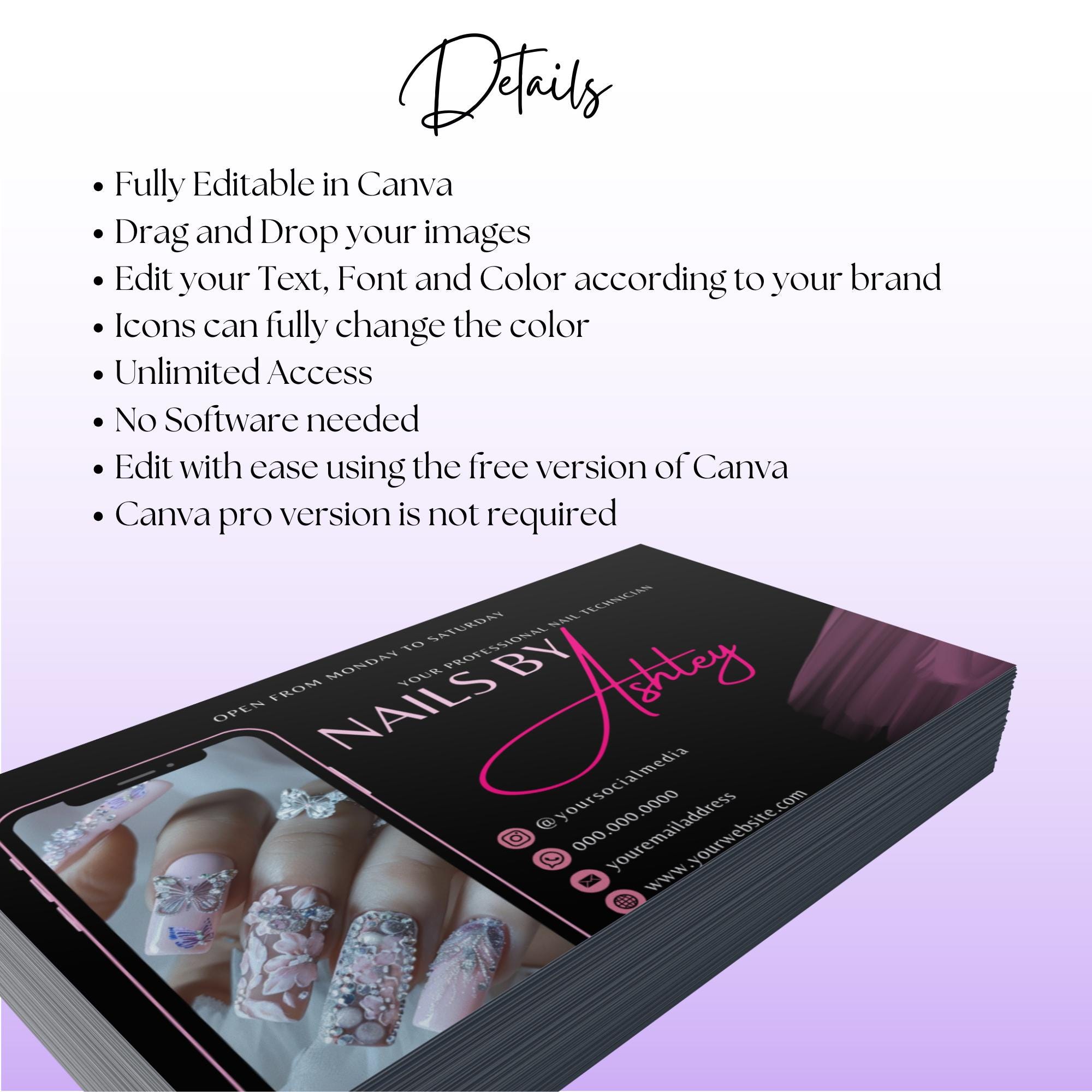 Nail Tech Business Card Template, Nail Technician Instagram Card, DIY ...