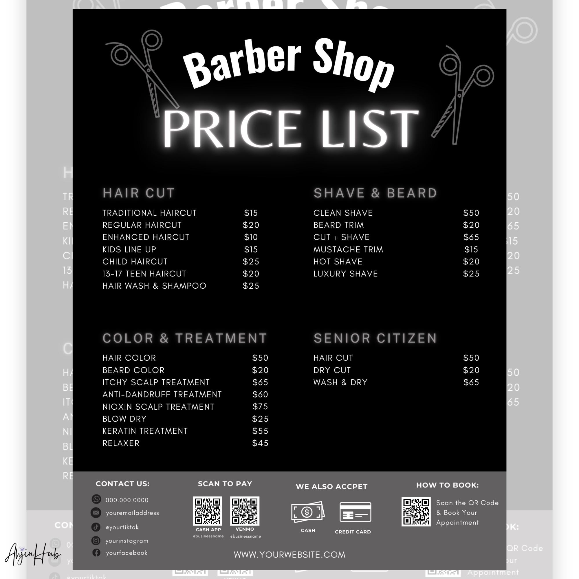 Barber Shop Price List Template, DIY Barber Shop Pricing Template, Editable Barber Pricing Guide ...