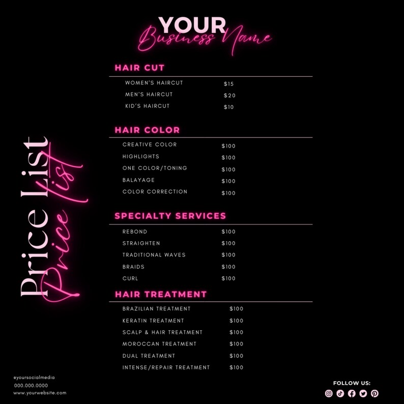 Hair Pricing Template, Editable Hairstylist Price List Template, DIY ...