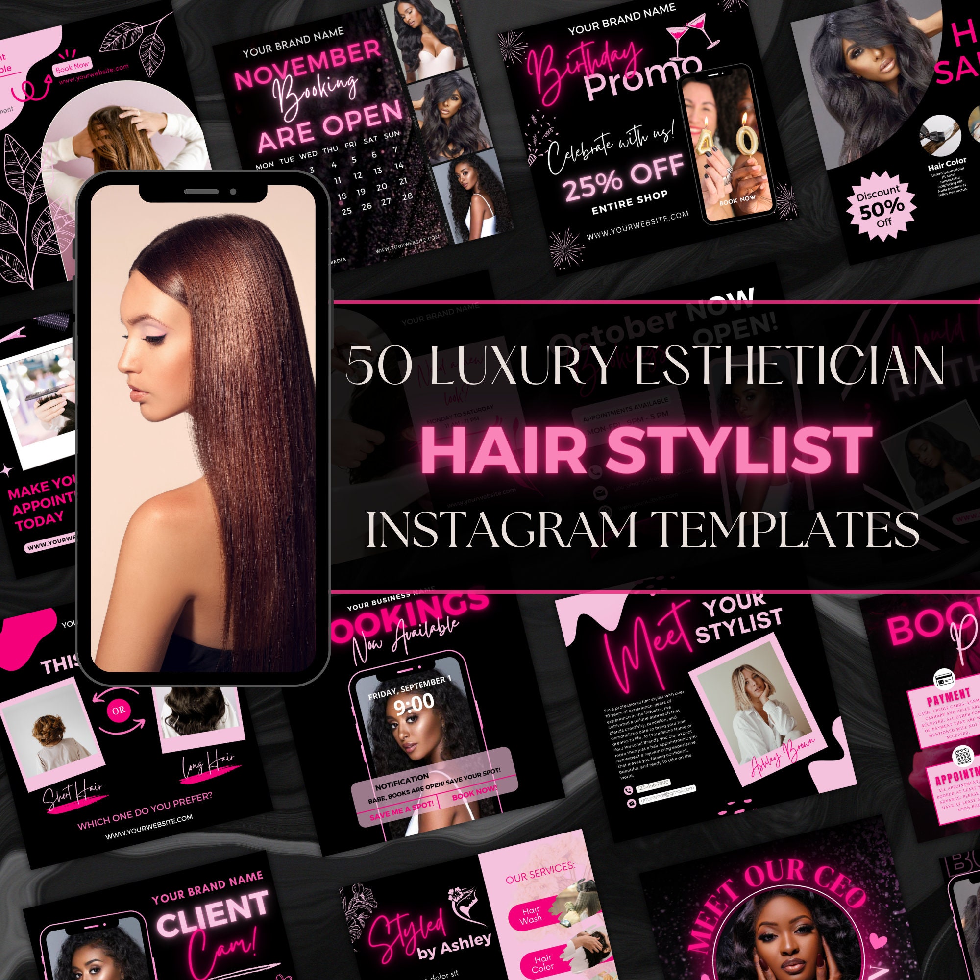 Hair Stylist Instagram Post Template, Black and Pink Hair Salon Post ...
