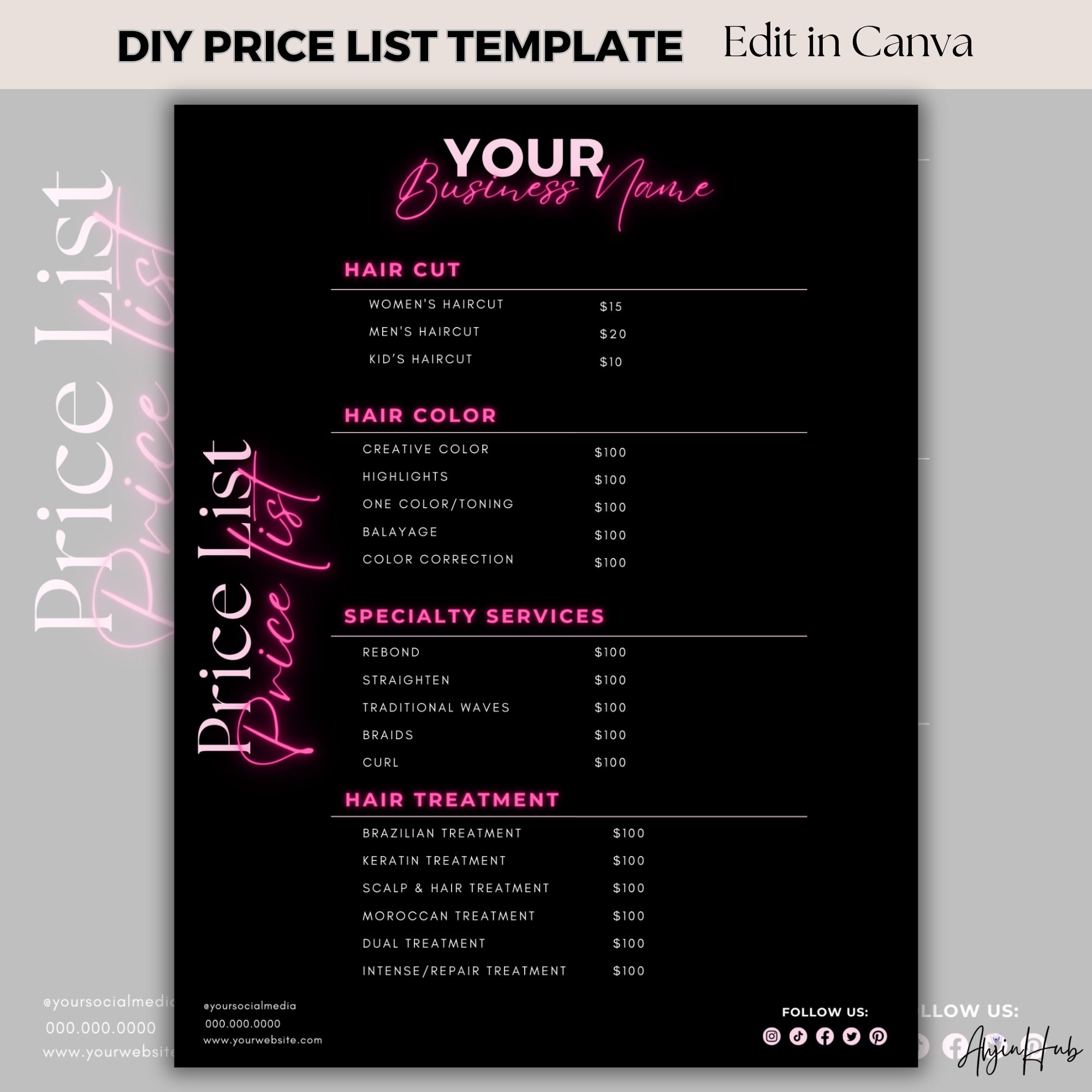 Hair Pricing Template, Editable Hairstylist Price List Template, DIY ...