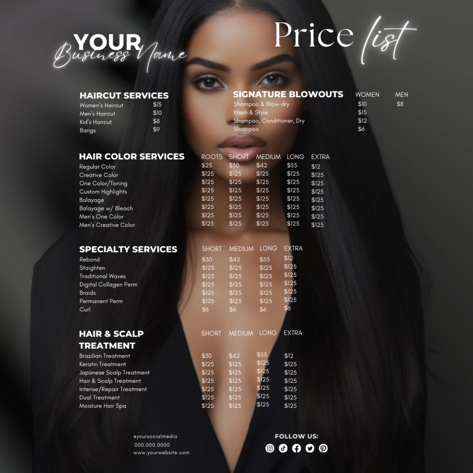 Hair Pricing Template, Editable Hair Stylist Price List Template ...