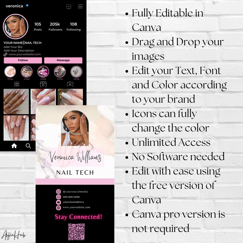 Nail Tech Business Card Template, Editable Nails Card, Black and Pink ...