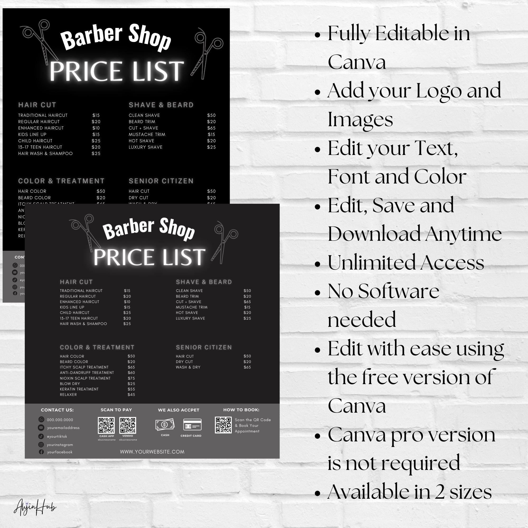 Barber Shop Price List Template, DIY Barber Shop Pricing Template ...