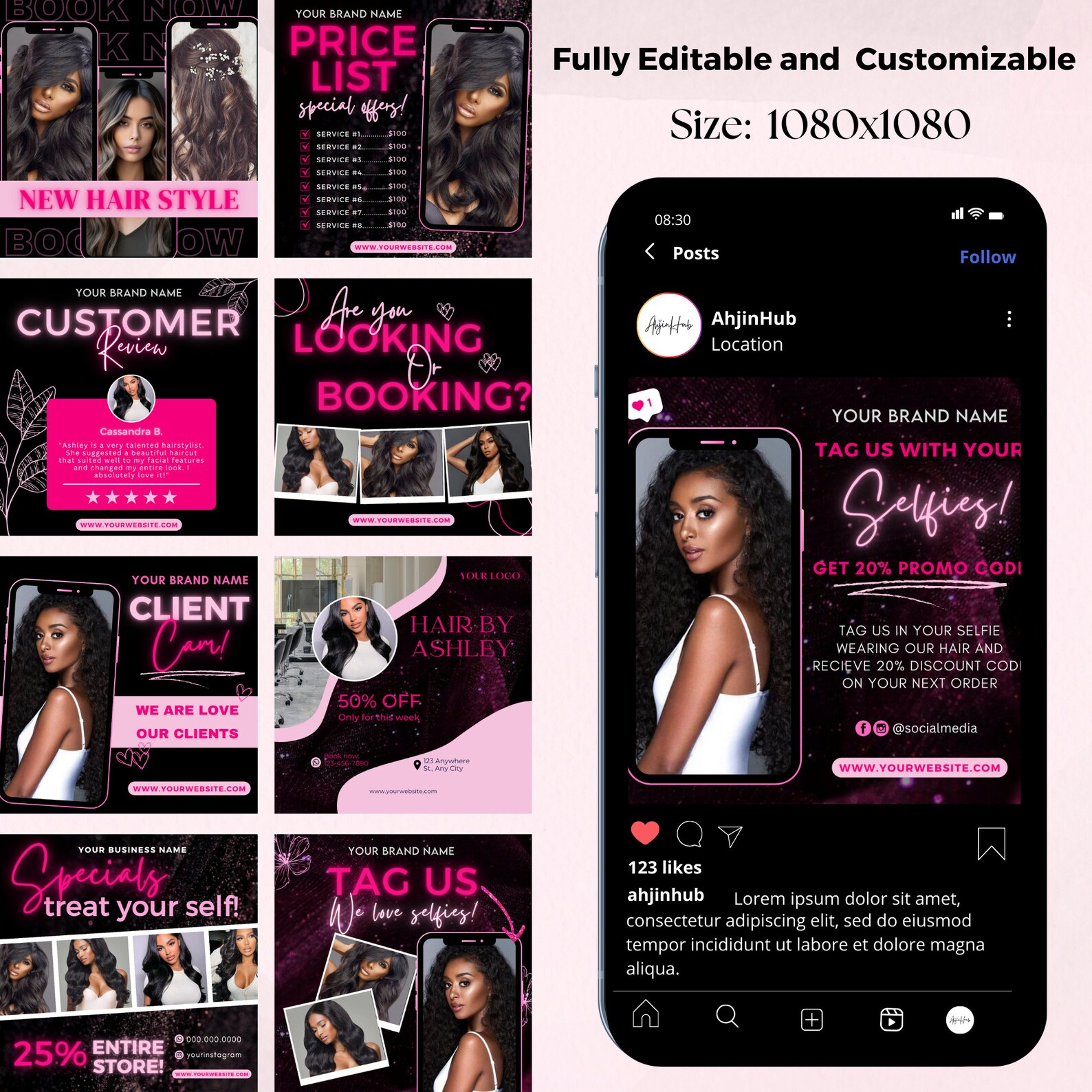 Hair Stylist Instagram Post Template, Black and Pink Hair Salon Post ...