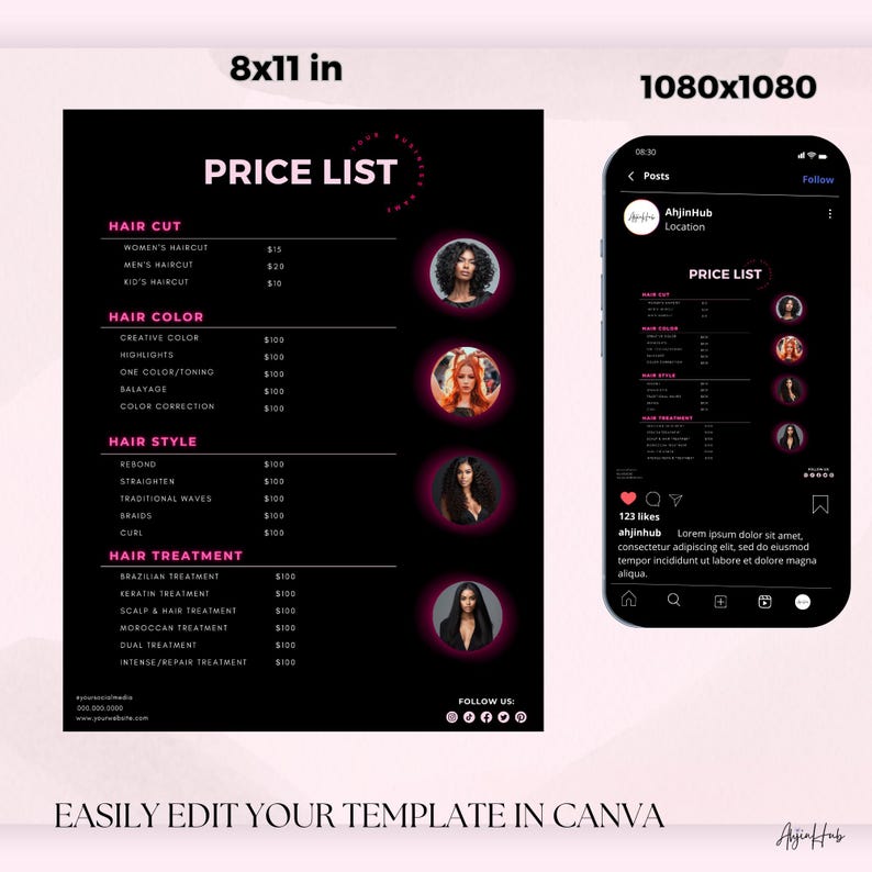 DIY Hair Stylist Price List Template, Hairstylist Pricing Template ...