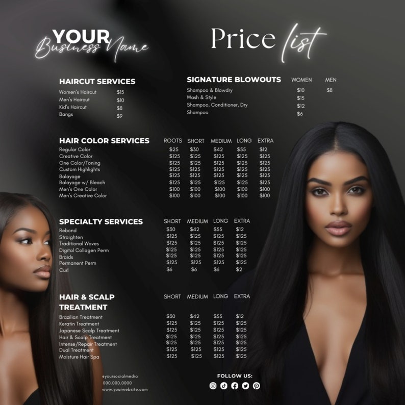 Hair Pricing Template, Editable Hairstylist Price List Template, Hair ...