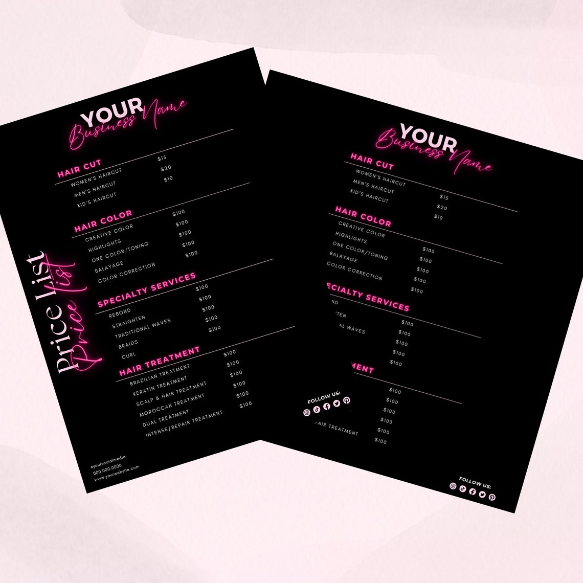 Hair Pricing Template, Editable Hairstylist Price List Template, DIY ...