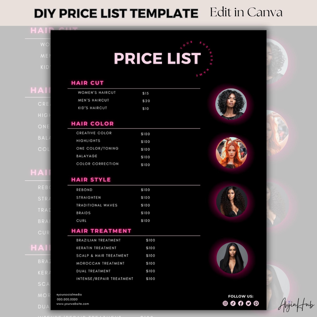 DIY Hair Stylist Price List Template, Hairstylist Pricing Template ...