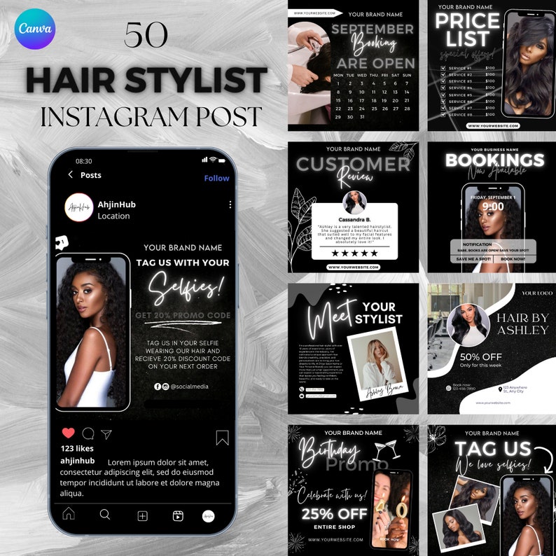 Hair Stylist Instagram Post Template, Black and White Hair Salon Post ...