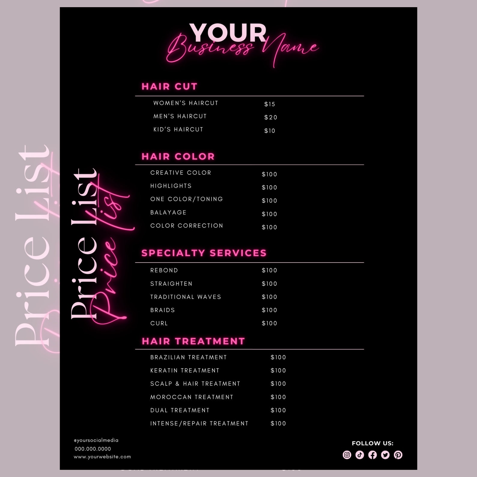Hair Pricing Template, Editable Hairstylist Price List Template, DIY ...