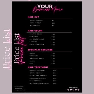 Hair Pricing Template, Editable Hairstylist Price List Template, DIY ...