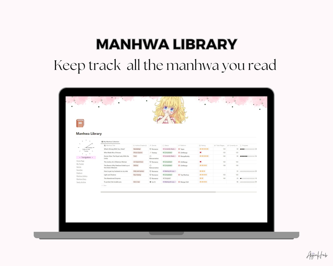 Manhwa Reading Notion Template, Notion Dashboard for Book Digital ...
