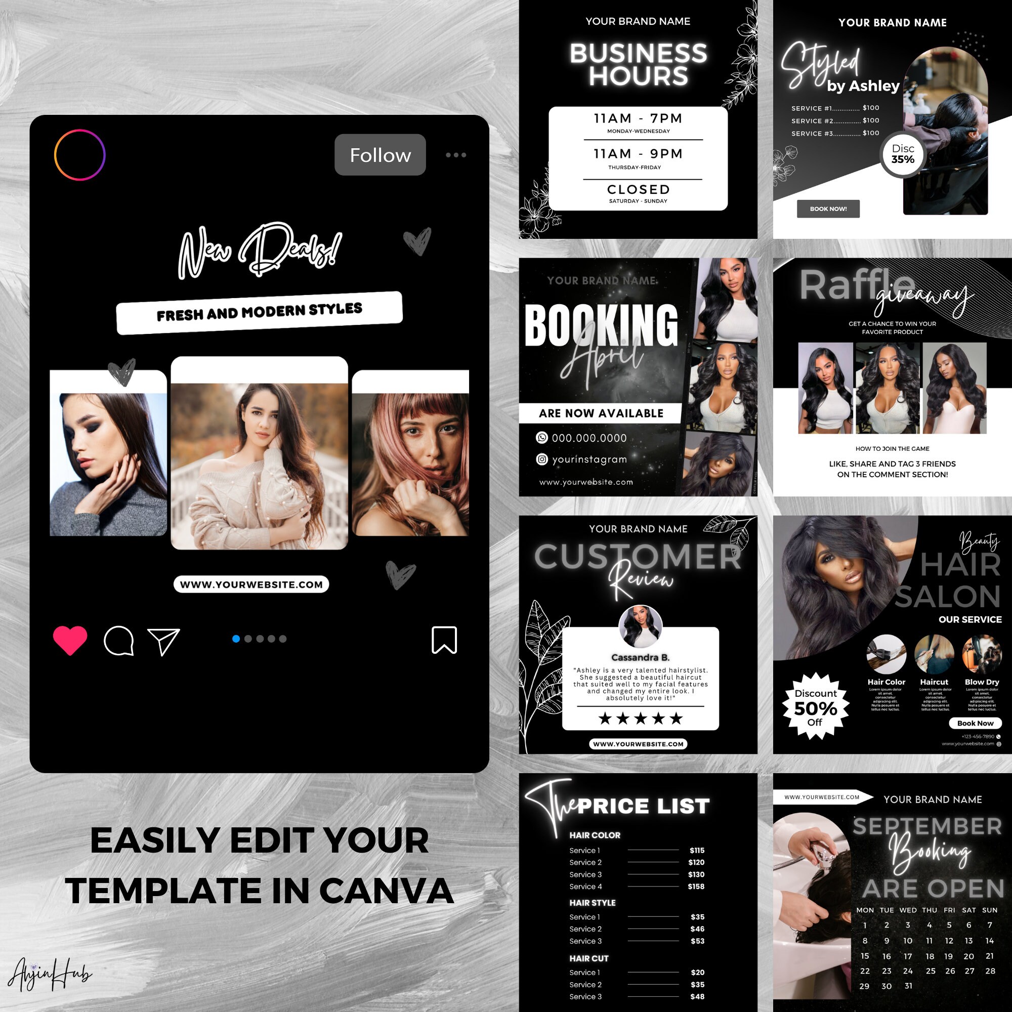 Hair Stylist Instagram Post Template, Black and White Hair Salon Post ...