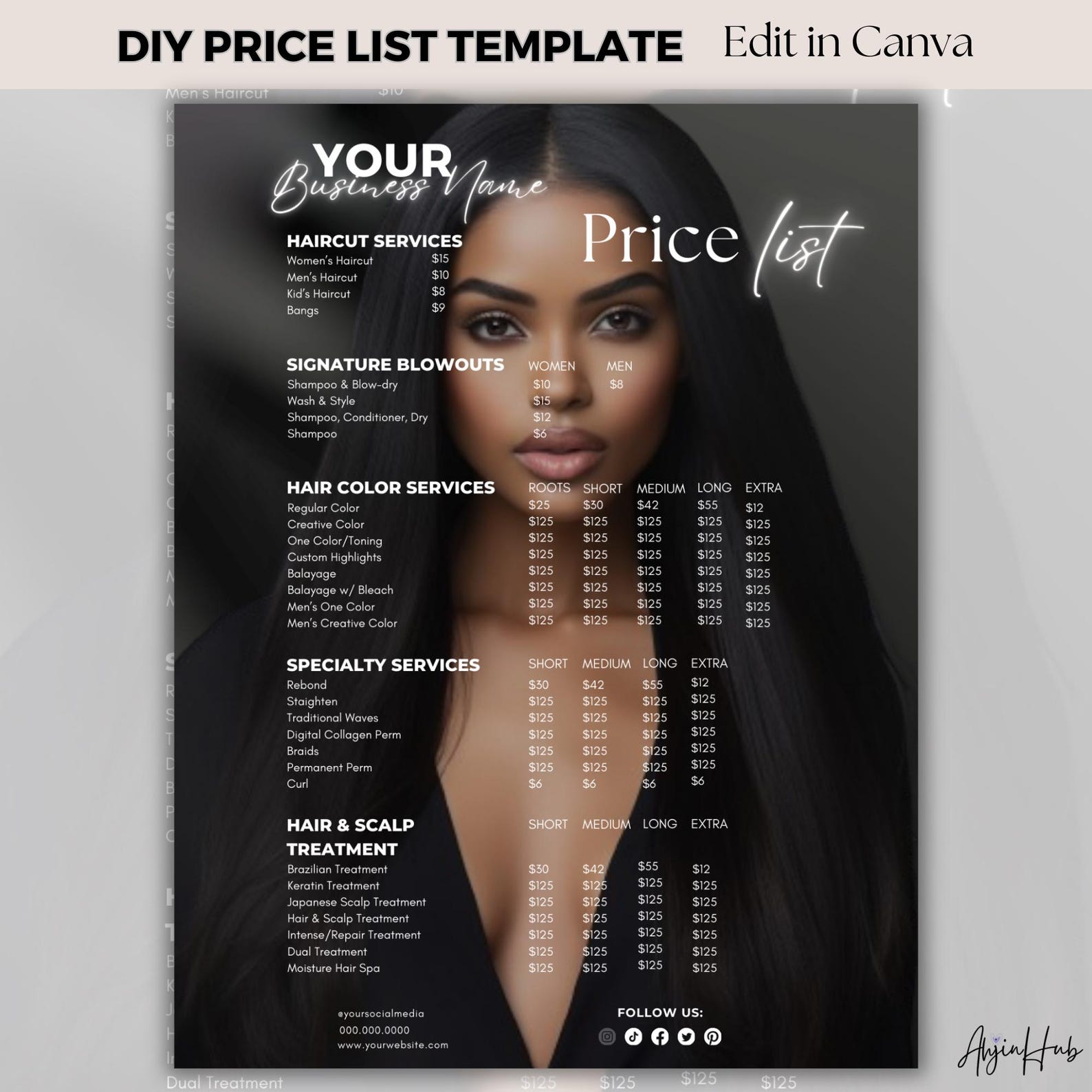 Hair Pricing Template, Editable Hair Stylist Price List Template ...