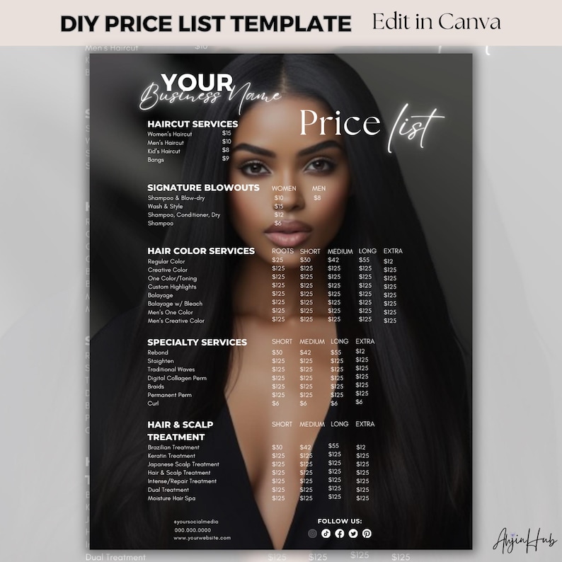 Hair Pricing Template, Editable Hair Stylist Price List Template ...