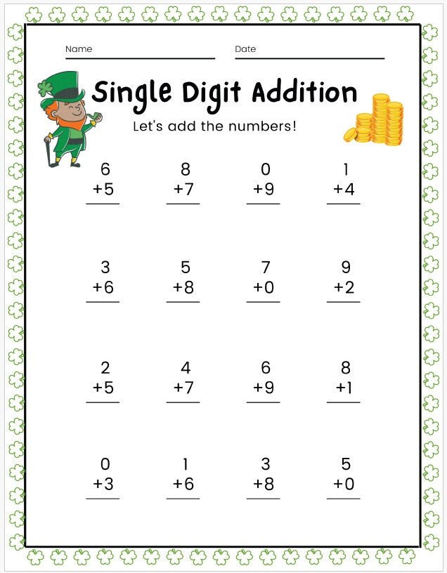 St. Patrick's Day Single-digit Addition Math Worksheets - Printable PDF ...