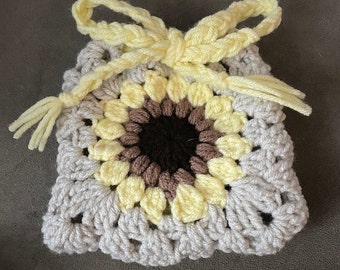 Sunflower Crochet Pouch, Custom Color Knitted Sunflower Drawstring Bag ...